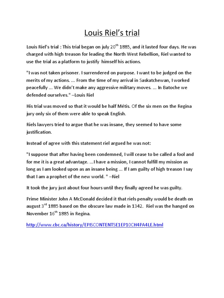 Louis Riel's 1885 Treason Trial Summary | PDF