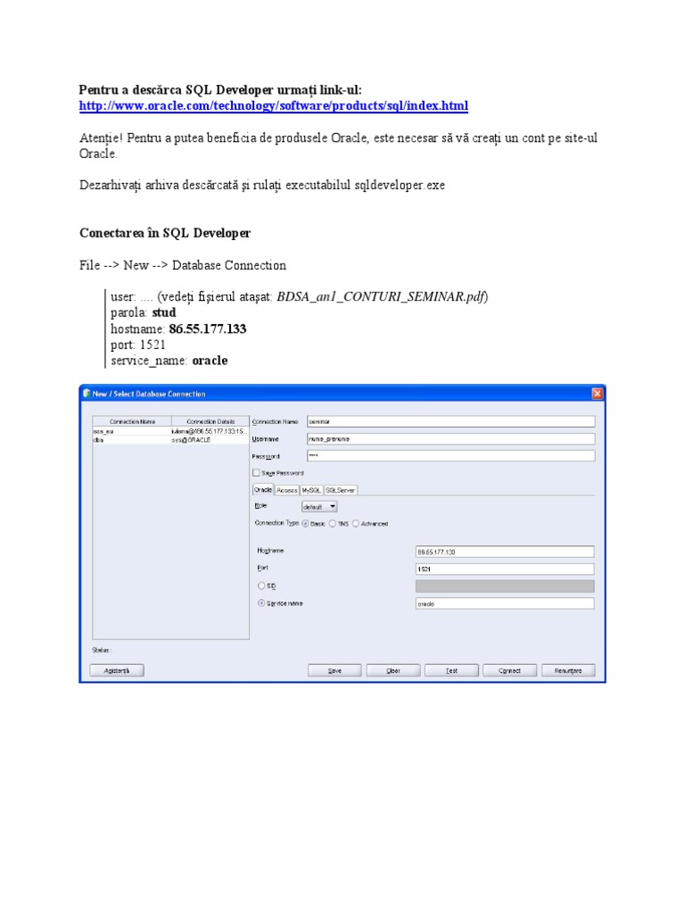 Conectare Si Utilizare SQL Developer | PDF