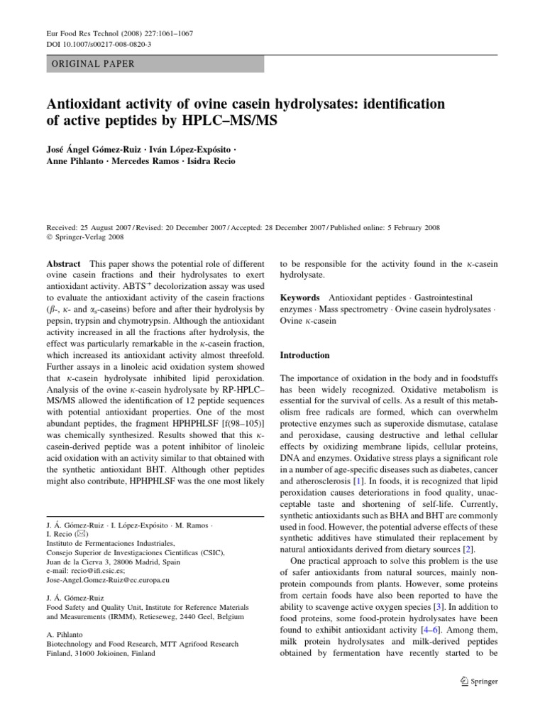Antioxidant Activity of Ovine Casein Hydrolysates - Identification of ...
