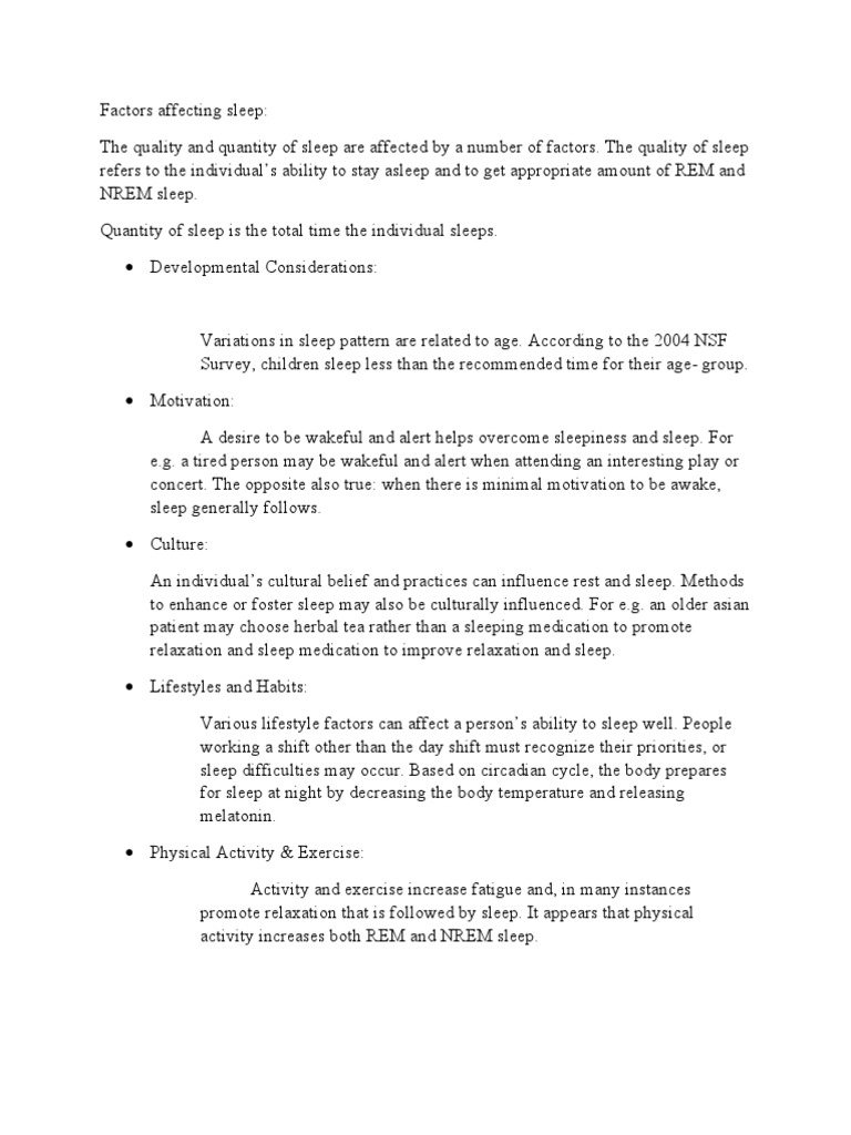 Factors Affecting Sleep: The Quality and Quantity of Sleep Are | PDF ...