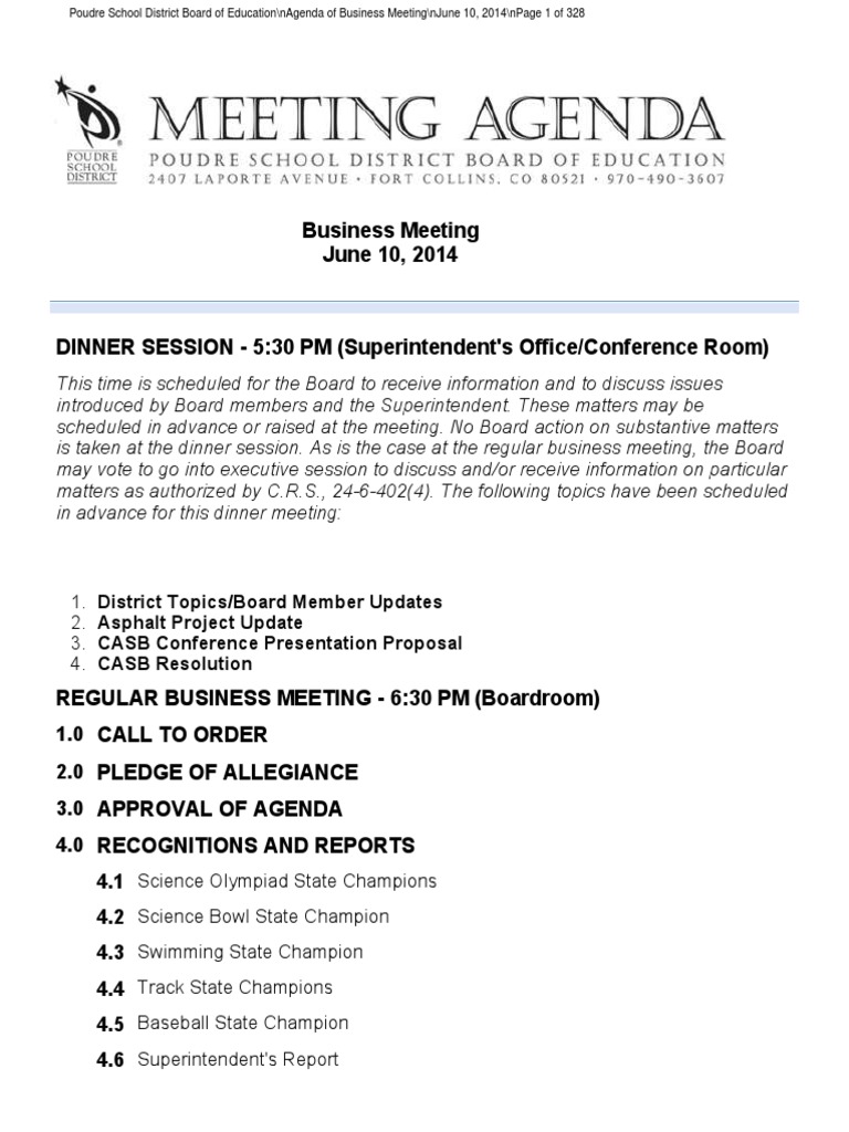 Poudre School District Board of Education Meeting Agenda | PDF ...