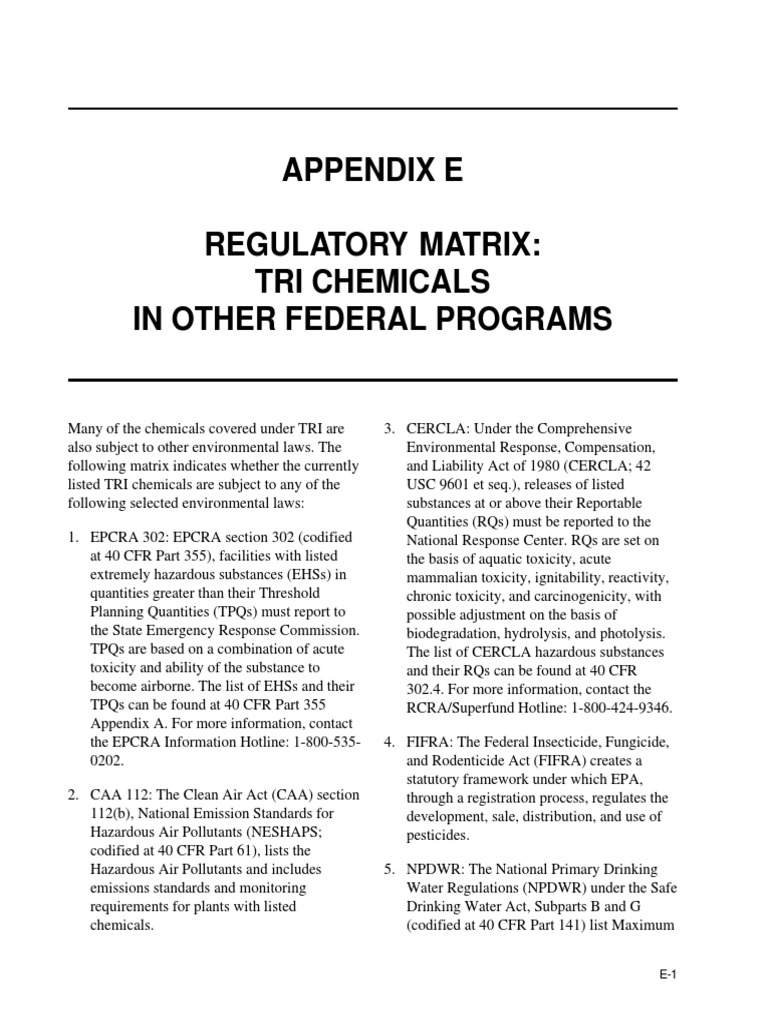 Appendix E Regulatory Matrix: Tri Chemicals in Other Federal Programs | Download Free PDF ...