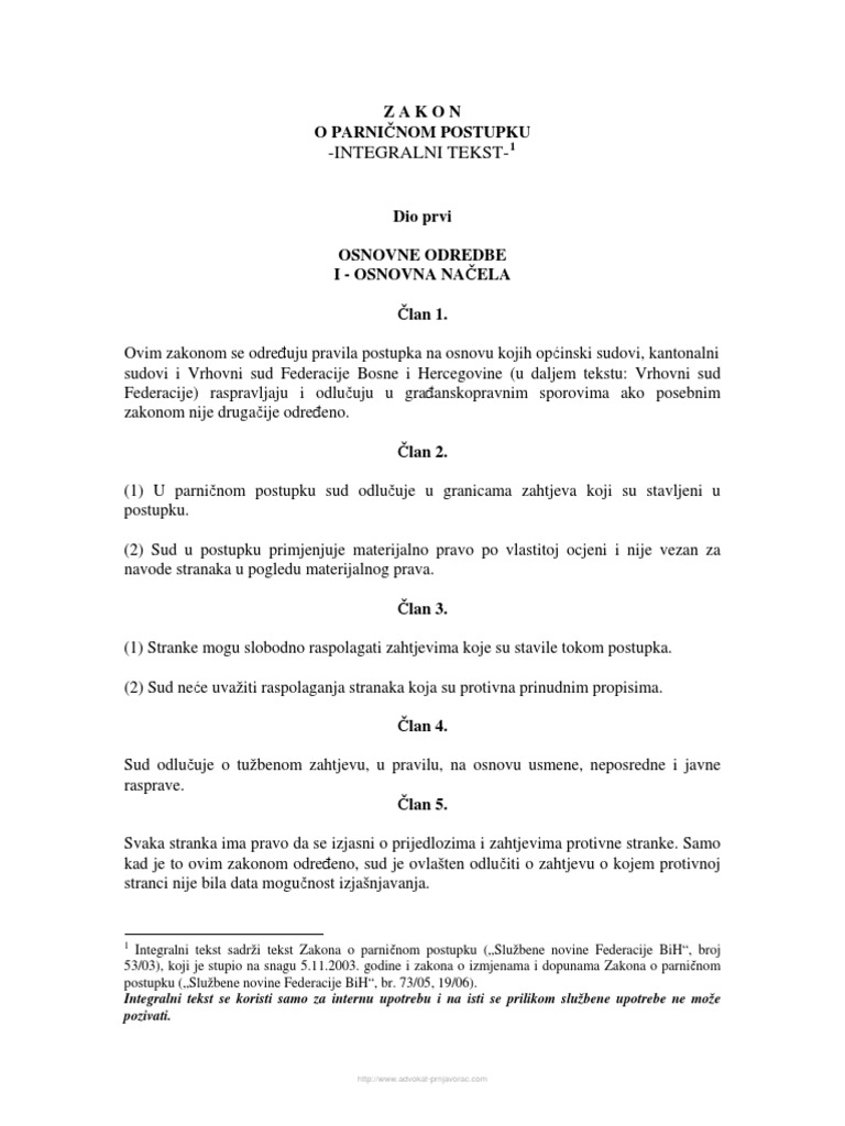 Zakon o Parnicnom Postupku FBiH Integralni | PDF