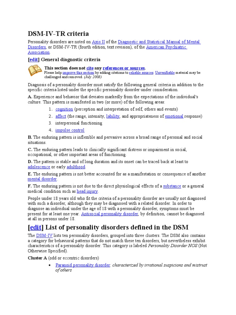 DSM IV TR Criteria | Personality Disorder | Diagnostic And Statistical ...