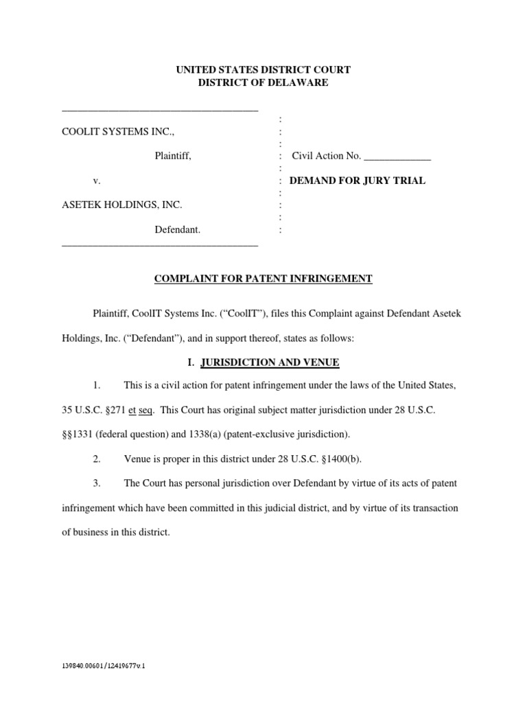 CoolIT Systems v. Asetek Holdings | PDF | Patent | Patent Infringement