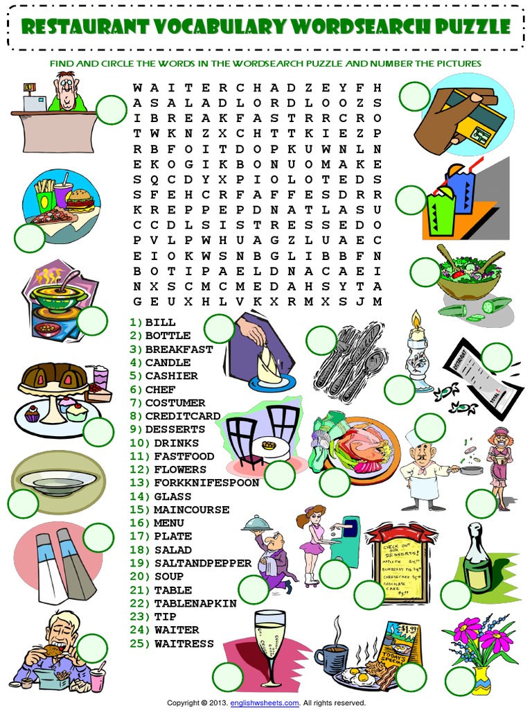 At The Restaurant Wordsearch Puzzle Vocabulary Worksheet | PDF ...