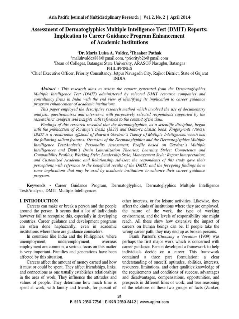 Assessment of Dermatoglyphics Multiple Intelligence Test (DMIT) Reports ...