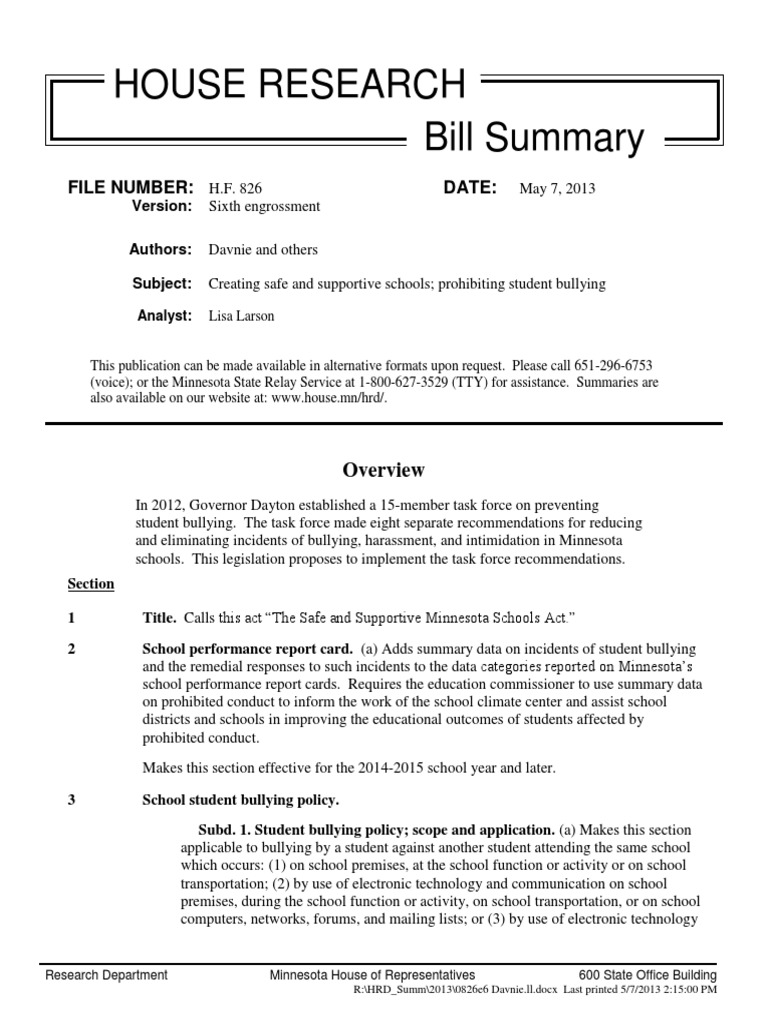 House Research Bill Summary: File Number: Date | PDF | Cyberbullying ...