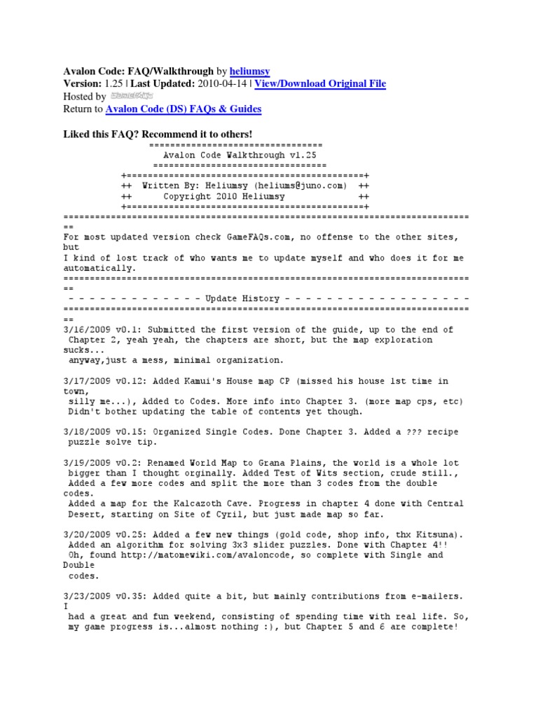 Avalon Code Walkthrough | PDF | Strategy Guide | Leisure