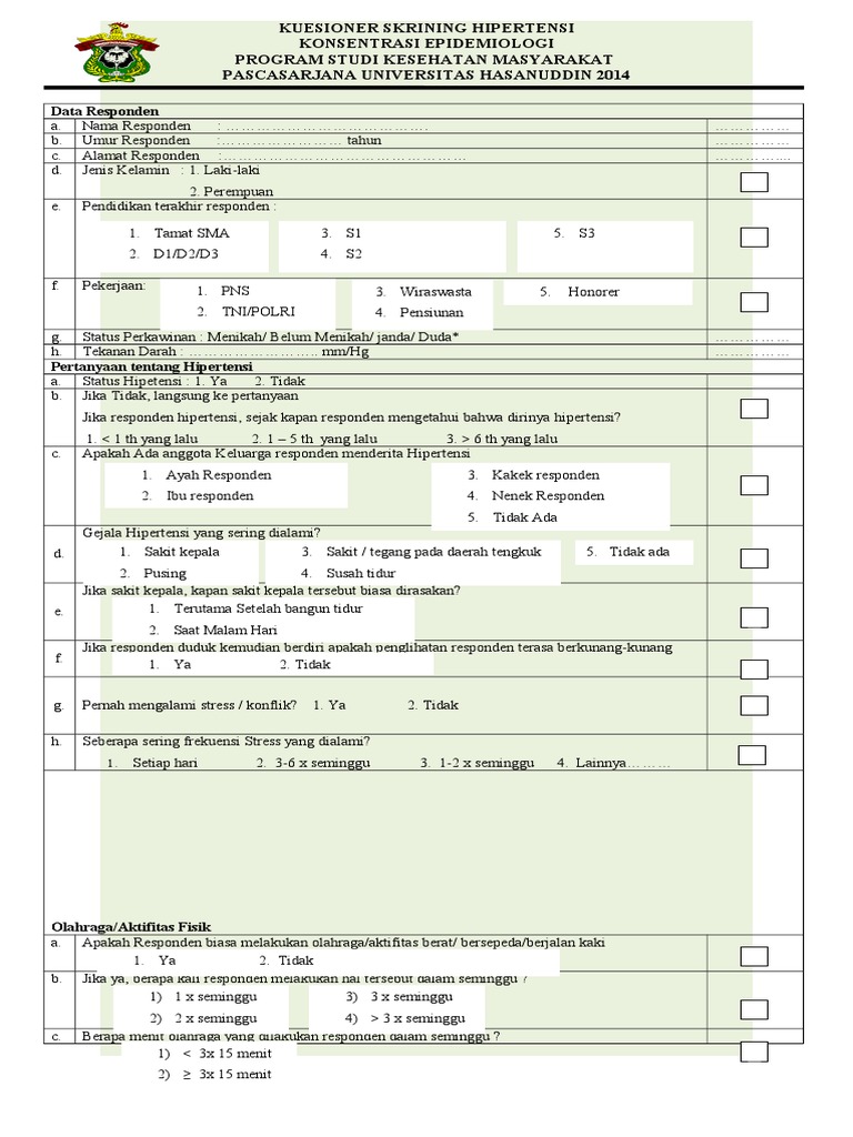 Kuesioner Skrining Hipertensi s2 Epid | PDF