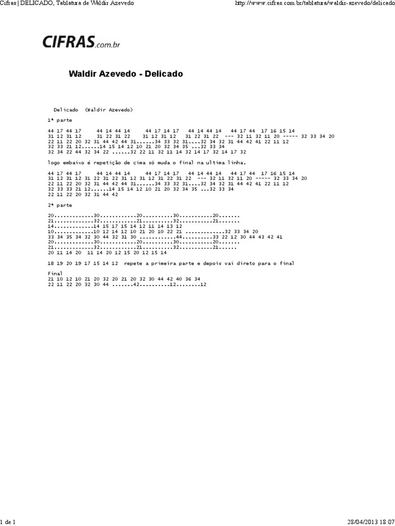 DELICADO, Tablatura de Waldir Azevedo | PDF | Métodos y materiales de ...