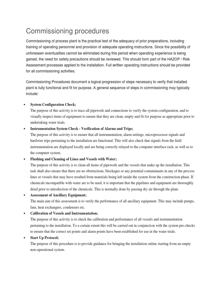 Commissioning Procedures | Instrumentation | Safety