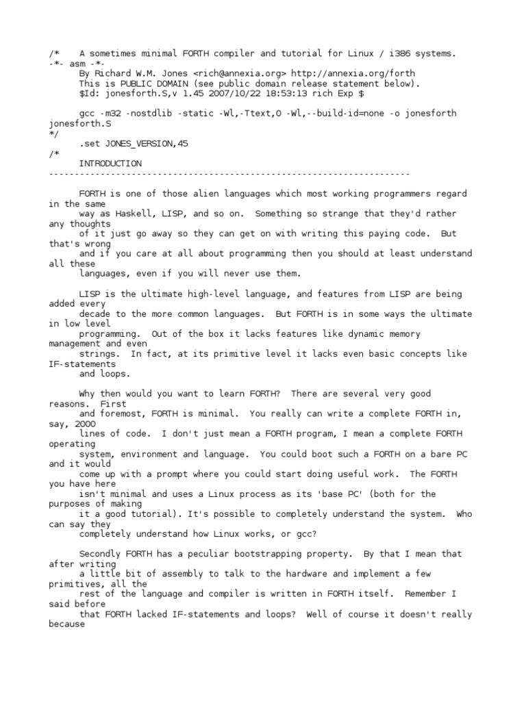 A Sometimes Minimal FORTH Compiler and Tutorial For Linux | PDF ...