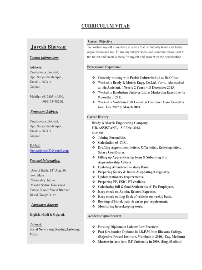 Jayesh Bhavsar: Curriculum Vitae | Download Free PDF | Further Education | Business