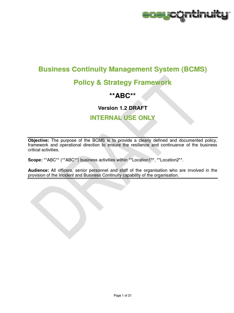 ABC Bcms Policy Strategy Draft | PDF | Business Continuity | Incident ...