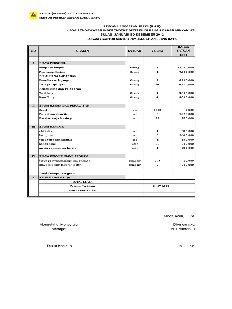 Rencana Anggaran Biaya PLN 2012 | PDF | Sains & Matematika