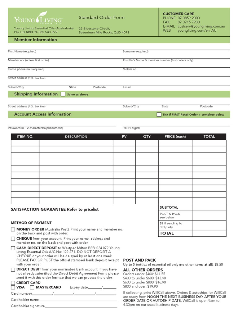 Young Living Essential Oils Order Form | PDF | Finance & Money Management