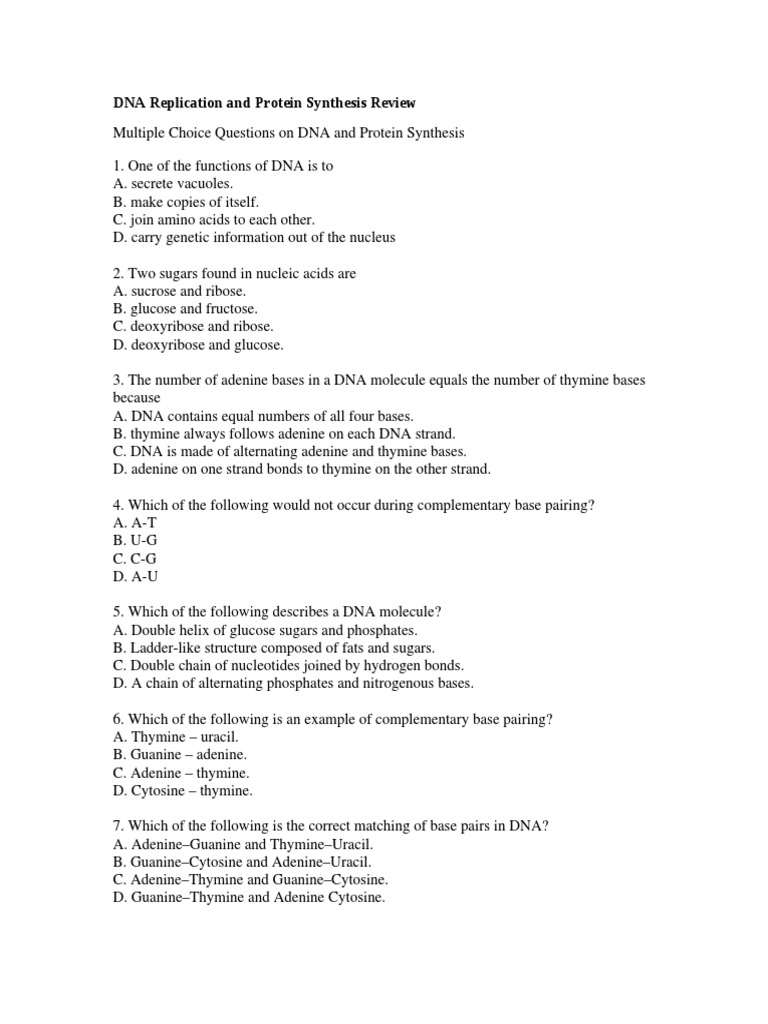 DNA Replication and Protein Synthesis Review Practice MC CP | PDF ...