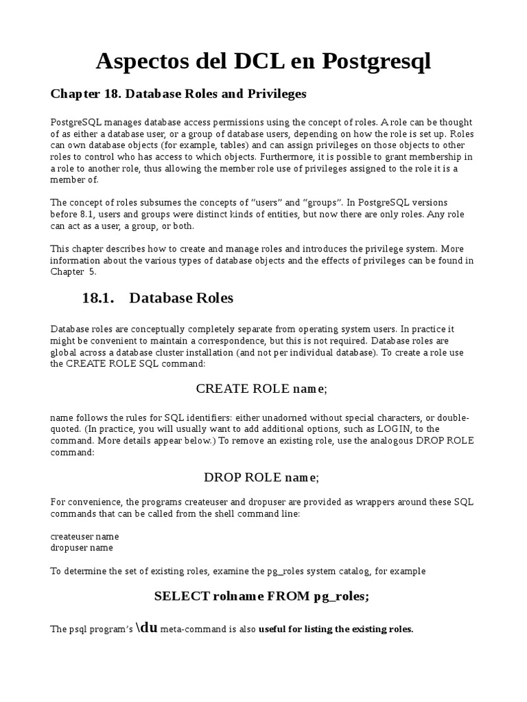 Dcl Postgresql Pdf Pdf Superuser Postgre Sql