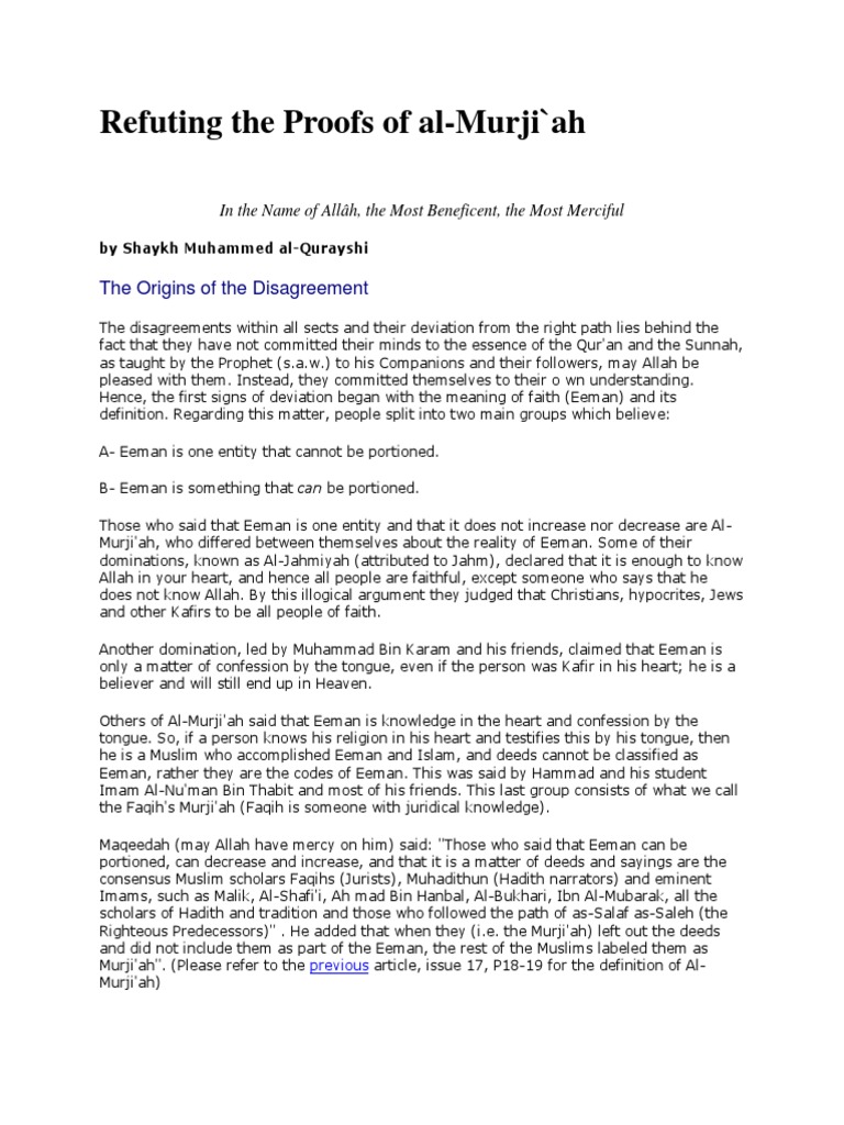 Refuting The Proofs of Al-Murji'ah | Download Free PDF | Hadith | Muhammad
