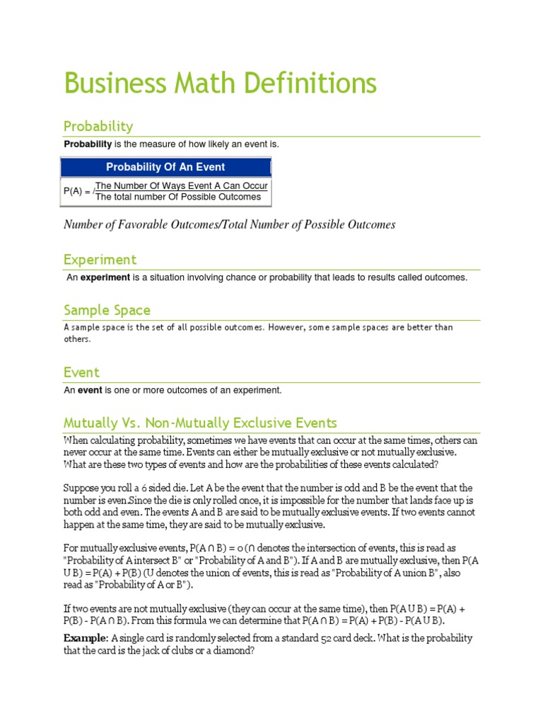 Business Math Definitions | PDF | Probability | Probability Theory