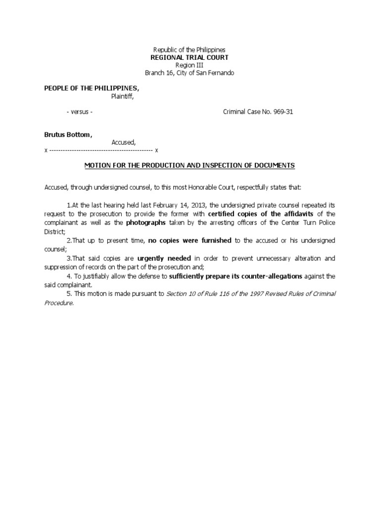 Motion For The Production and Inspection of Documents | PDF | Criminal ...