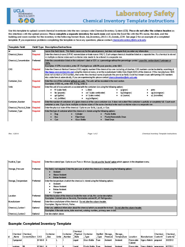 Chemical Inventory Template Instructions | Litre | Chemical Substances