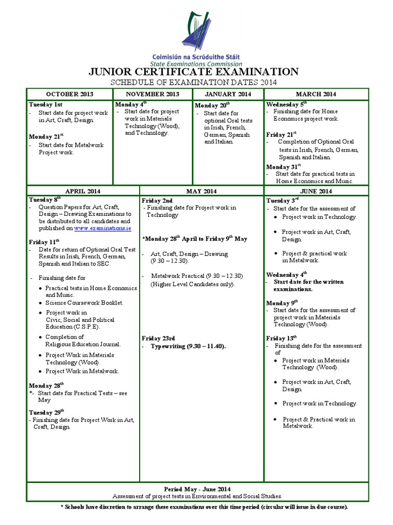 Junior Cert Exam Dates 2014 | PDF | Crafts | Test (Assessment)