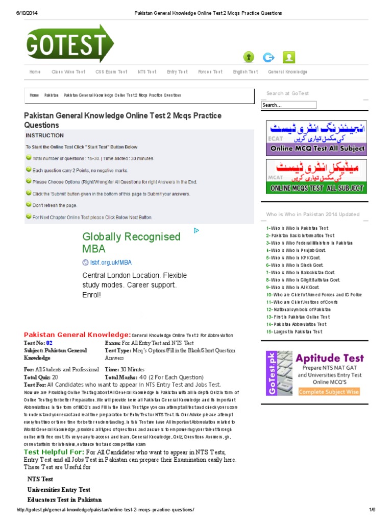 Pakistan General Knowledge Online Test 2 Mcqs Practice Questions | PDF ...