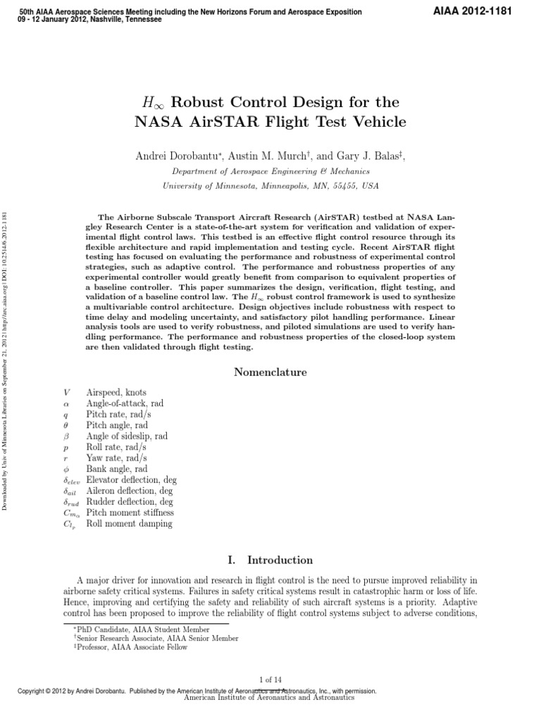 H Robust Control Design For The Nasa Airstar Flight Test Vehicle | PDF ...