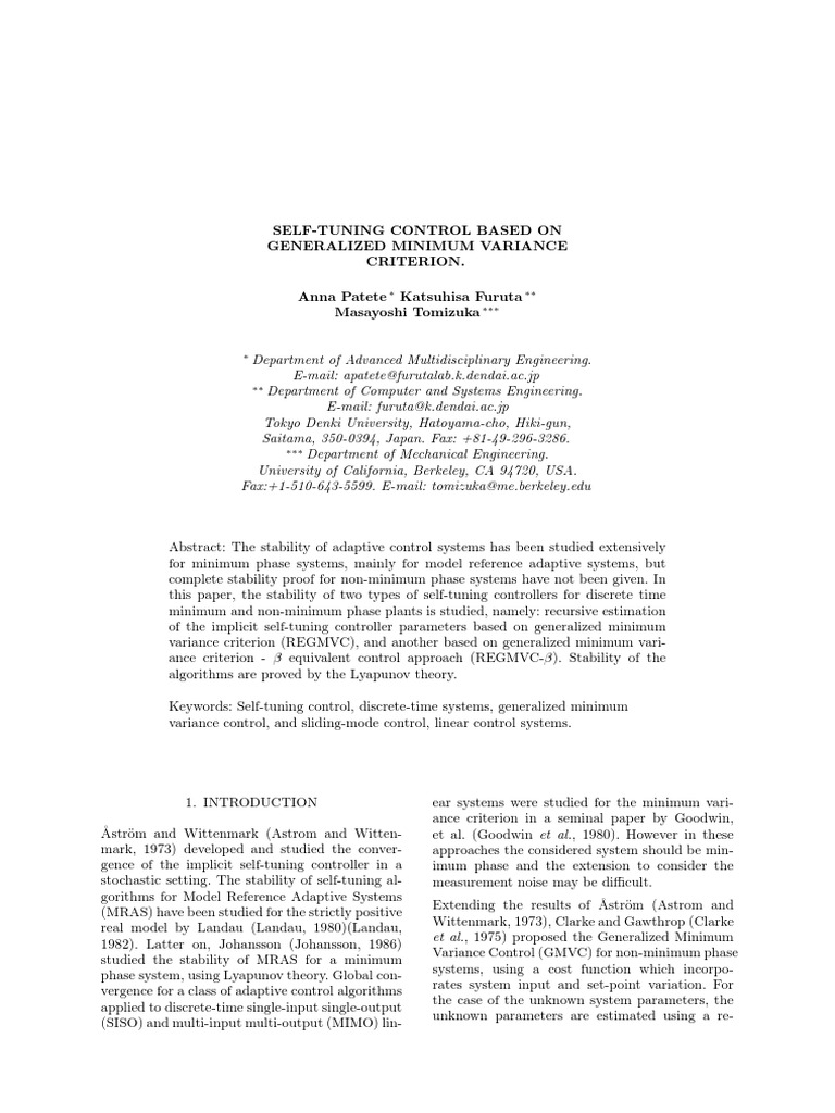 Self-Tuning Control Based On Generalized Minimum Variance Criterion | PDF | Stability Theory ...