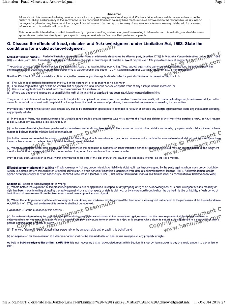 Limitation - Fraud Mistake and Acknowledgment | PDF | Fraud | Lawsuit