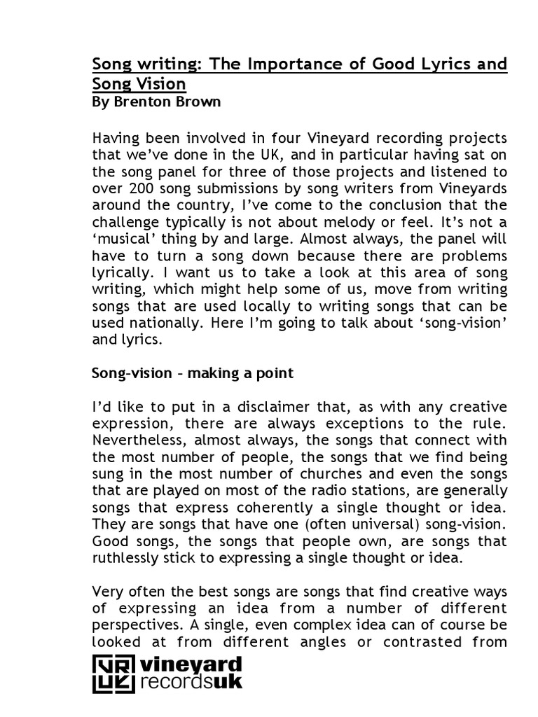 Song Writing: The Importance of Good Lyrics and Song Vision: by Brenton ...