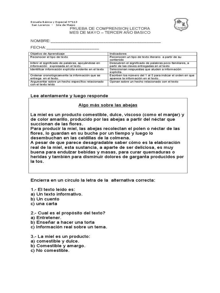 3° Comprension Lectora Mayo | PDF | Miel | Colmena