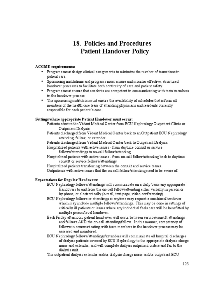 Patient Handover Policy | PDF | Nephrology | Patient