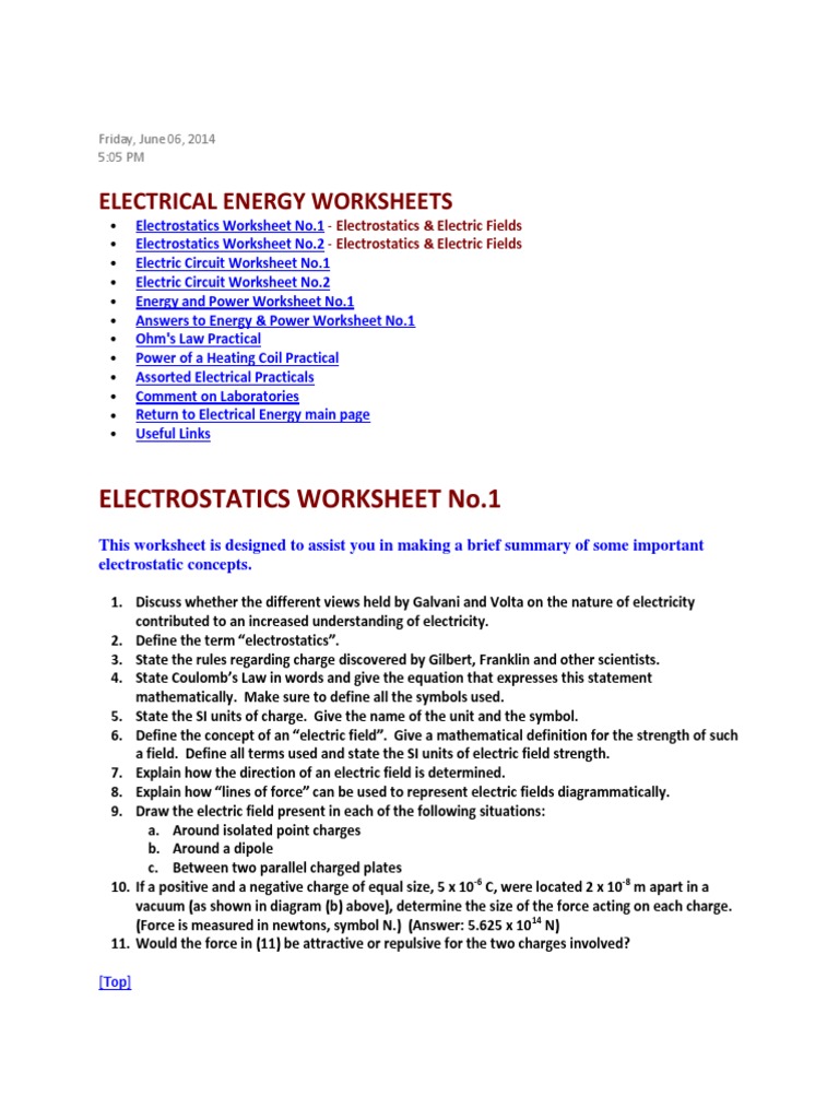 Electrical Energy Worksheets | PDF | Voltage | Electric Field
