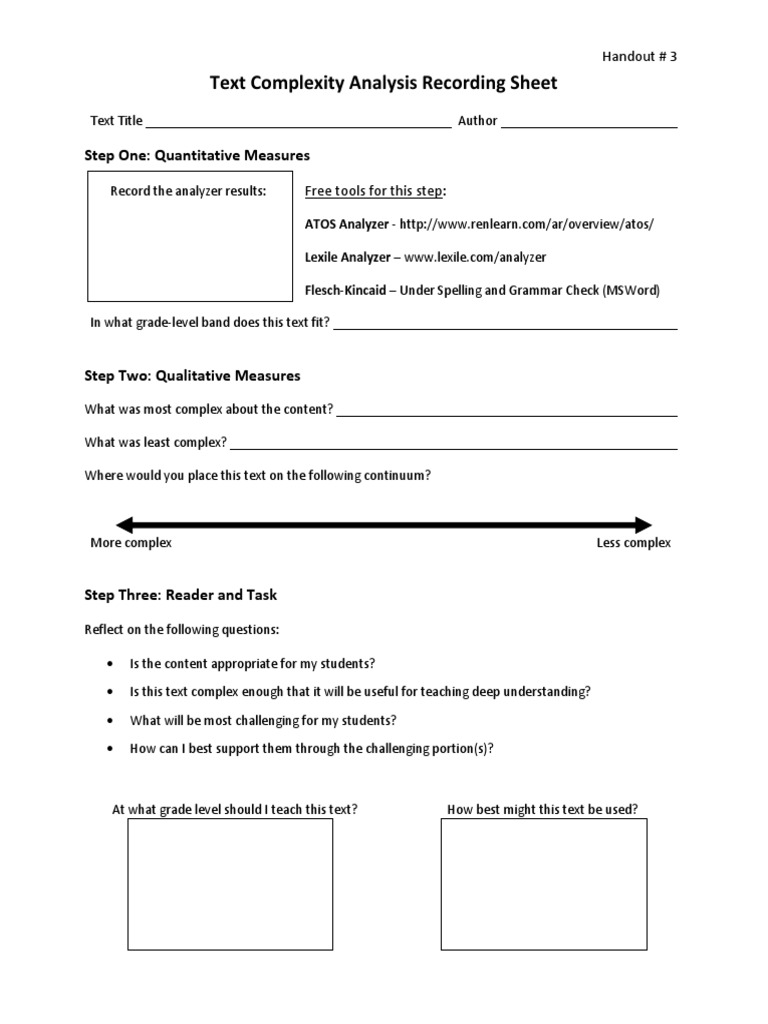 3 Blank Recording Sheet - Text Complexity Worksheet | PDF