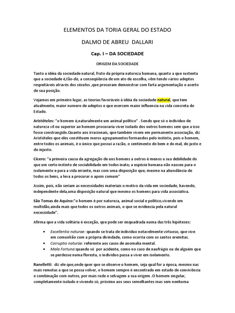 Livro Dalmo Dallari | Download grátis PDF | Contrato social | Estado