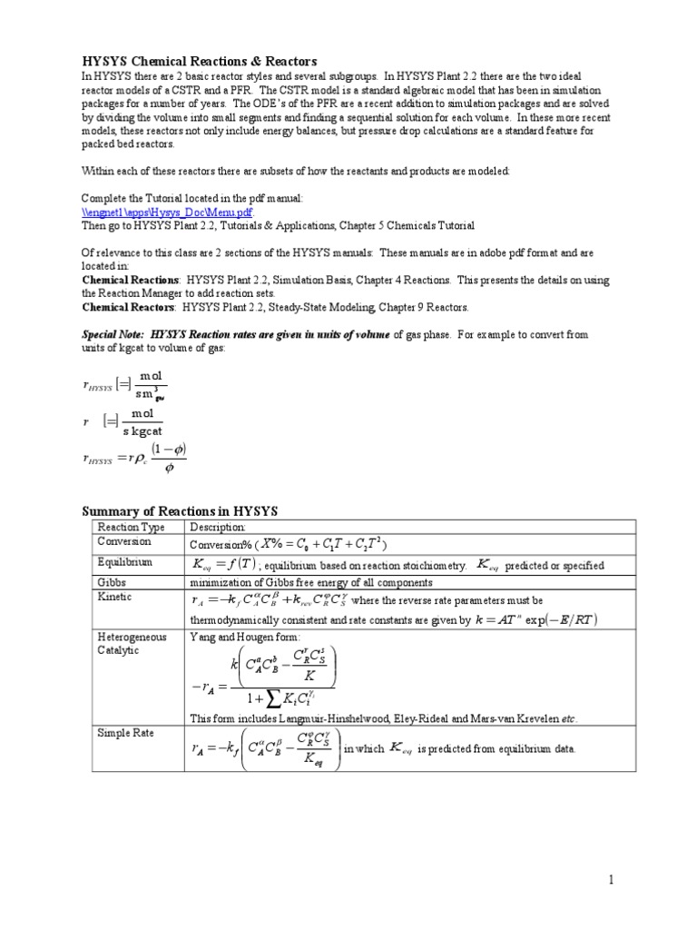 HYSYS Chemical Reactions & Reactors | PDF | Chemical Reactor | Chemical ...