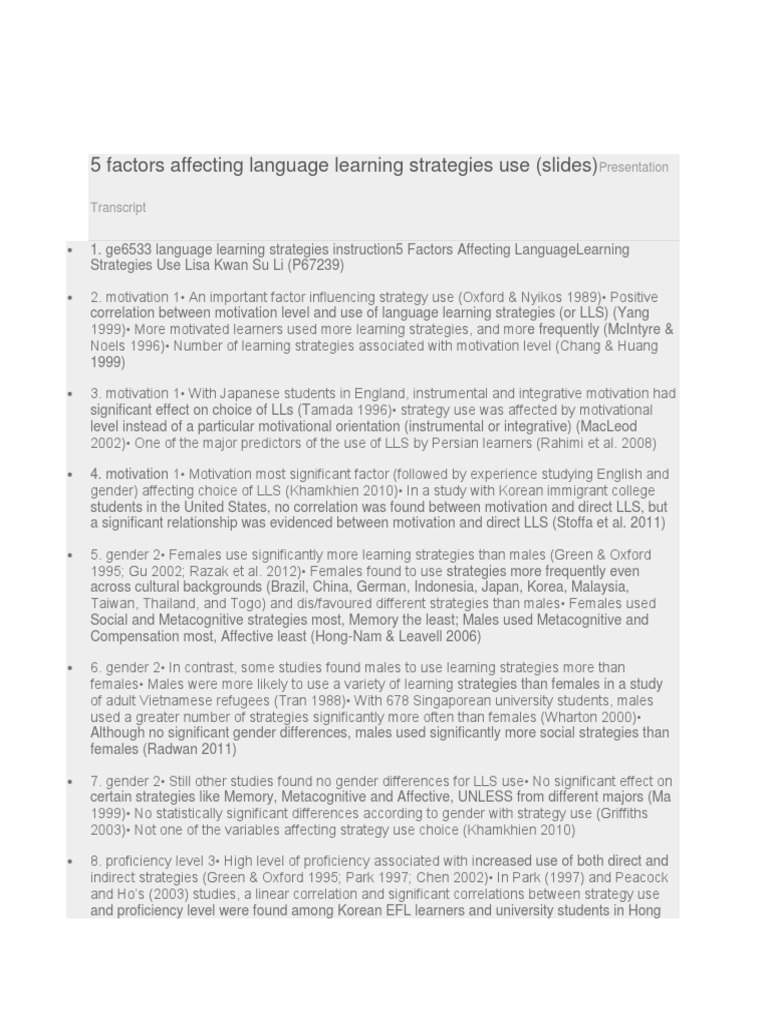5 Factors Affecting Language Learning Strategies Use | PDF | Second ...