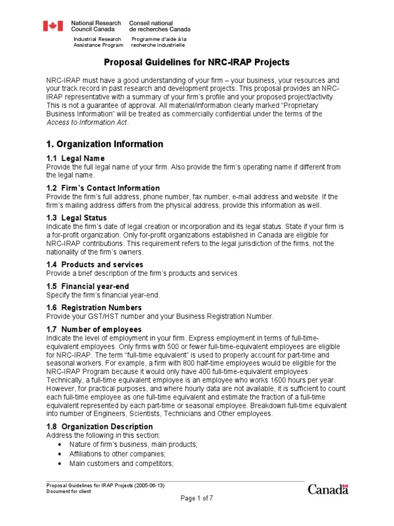 NRC-IRAP Proposal Guidelines | PDF | Employment | Strategic Management