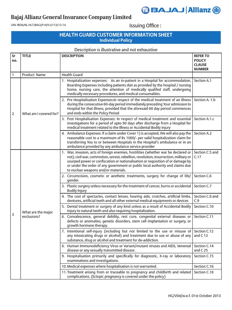 Health Guard Customer Information Sheet: Bajaj Allianz General ...
