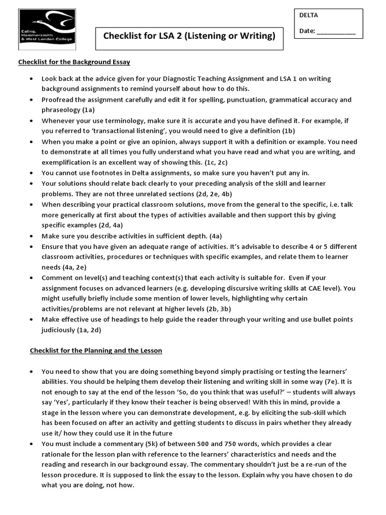 Checklist For LSA 2 | PDF