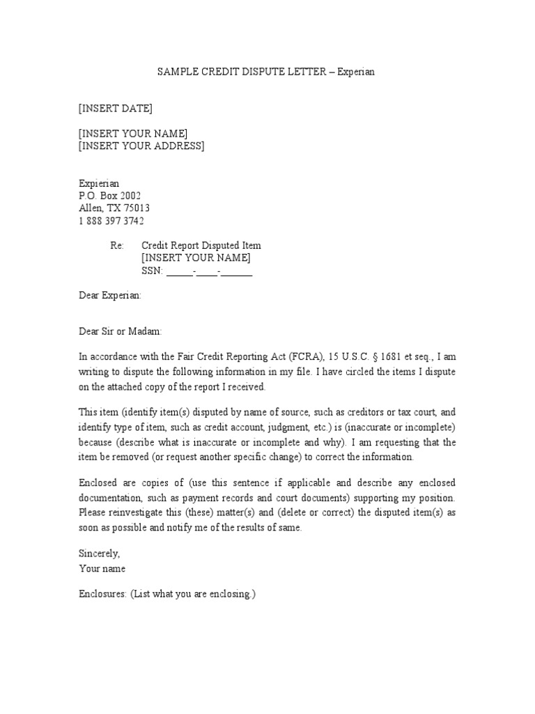 Experian Credit Dispute Letter Sample | PDF | Law