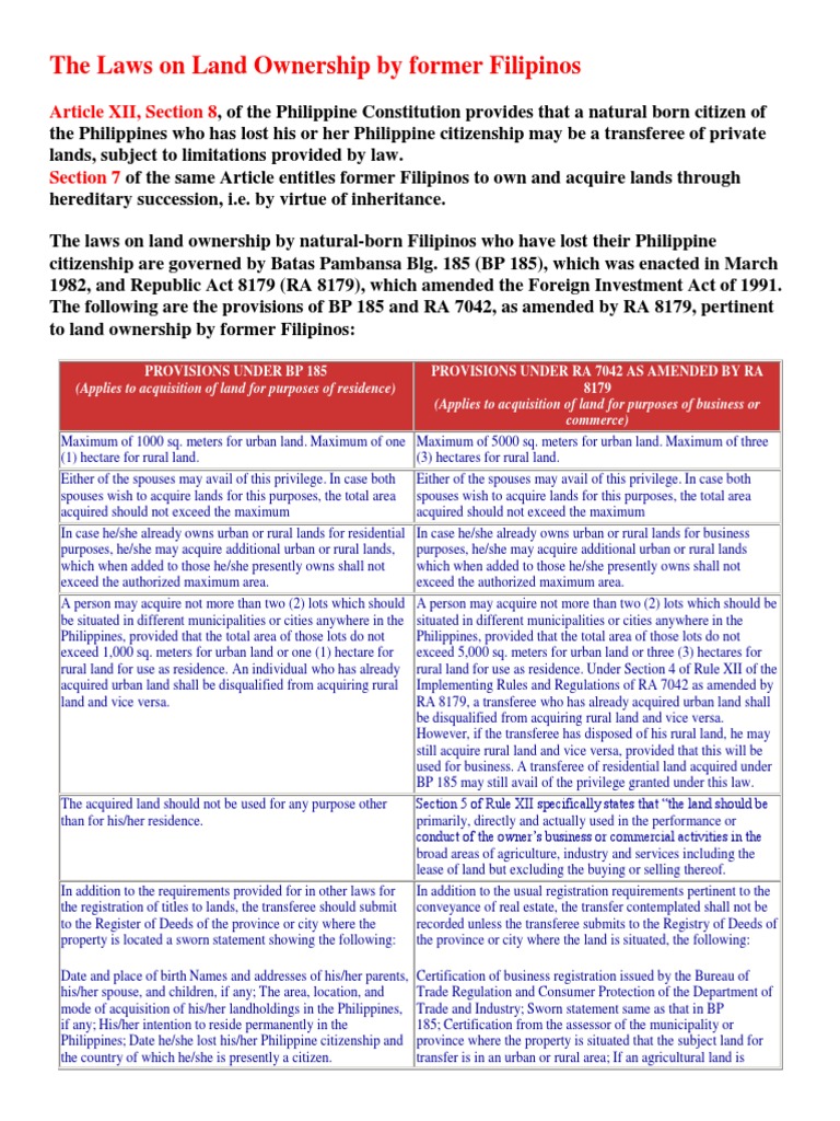 The Laws On Land Ownership by Former Filipinos | PDF | Citizenship ...