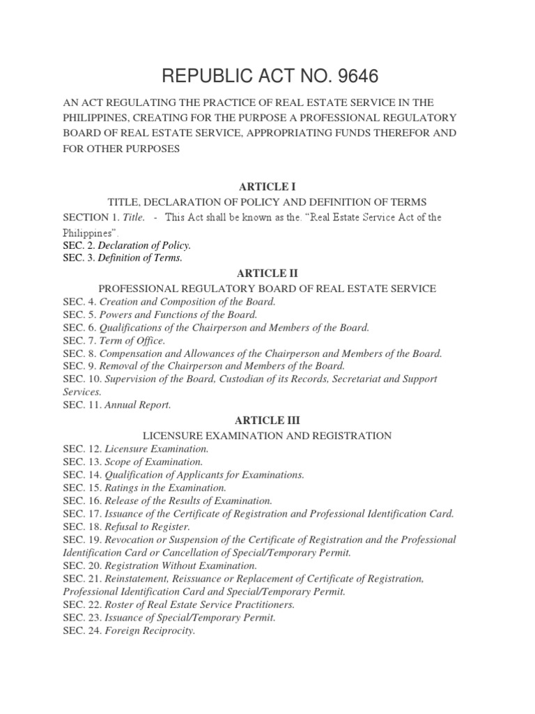 Outline of RA 9646 (RESA) | PDF | Real Estate Broker | Licensure
