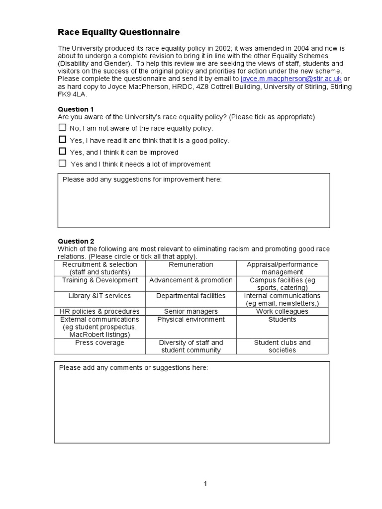 Race Equality Questionnaire: Joyce.m.macpherson@stir - Ac.uk | PDF ...
