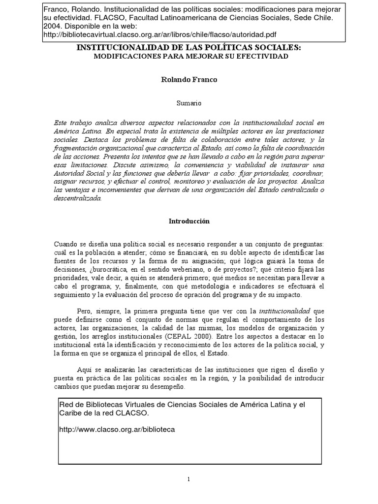 Institucionalidad de Las Políticas Sociales Modificaciones de La ...