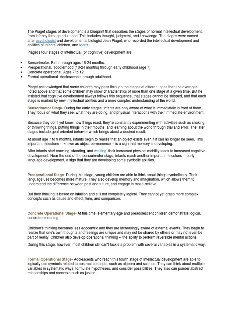The Piaget Stages of Development Is A Blueprint That Describes The ...