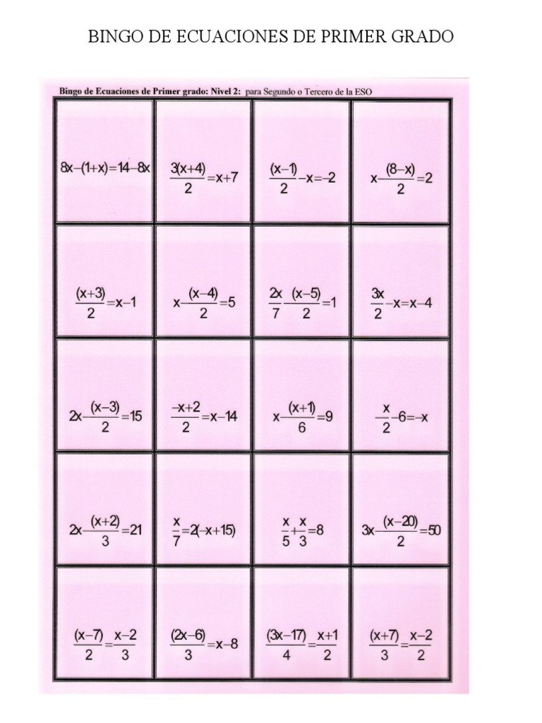 Bingo de Ecuaciones de Primer Gradoii 2 | PDF